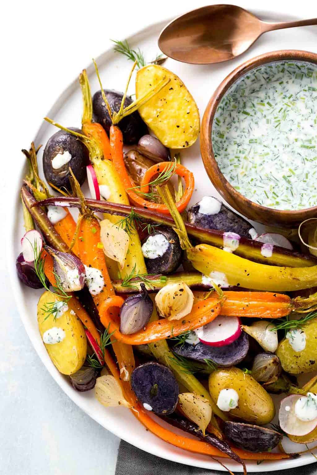 Roasted Root Vegetables with Ranch Sauce - Jessica Gavin