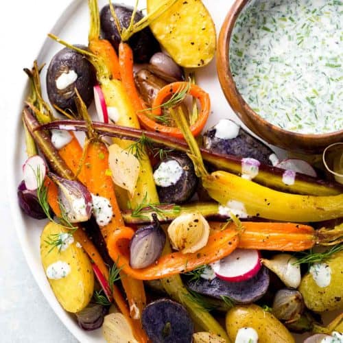 Roasted Root Vegetables with Ranch Sauce - Jessica Gavin