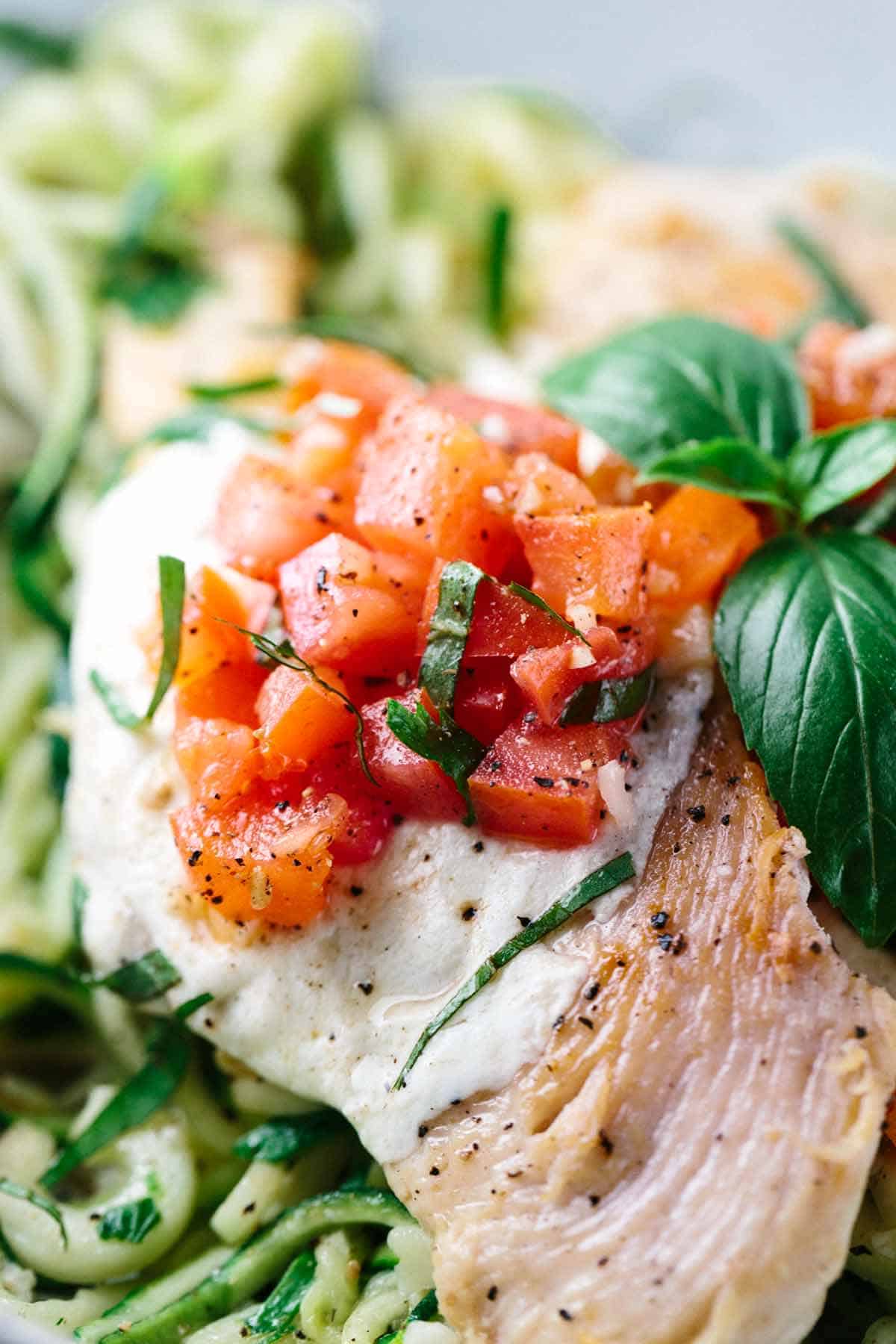 Skillet Bruschetta Chicken with Zucchini Noodles - Jessica Gavin