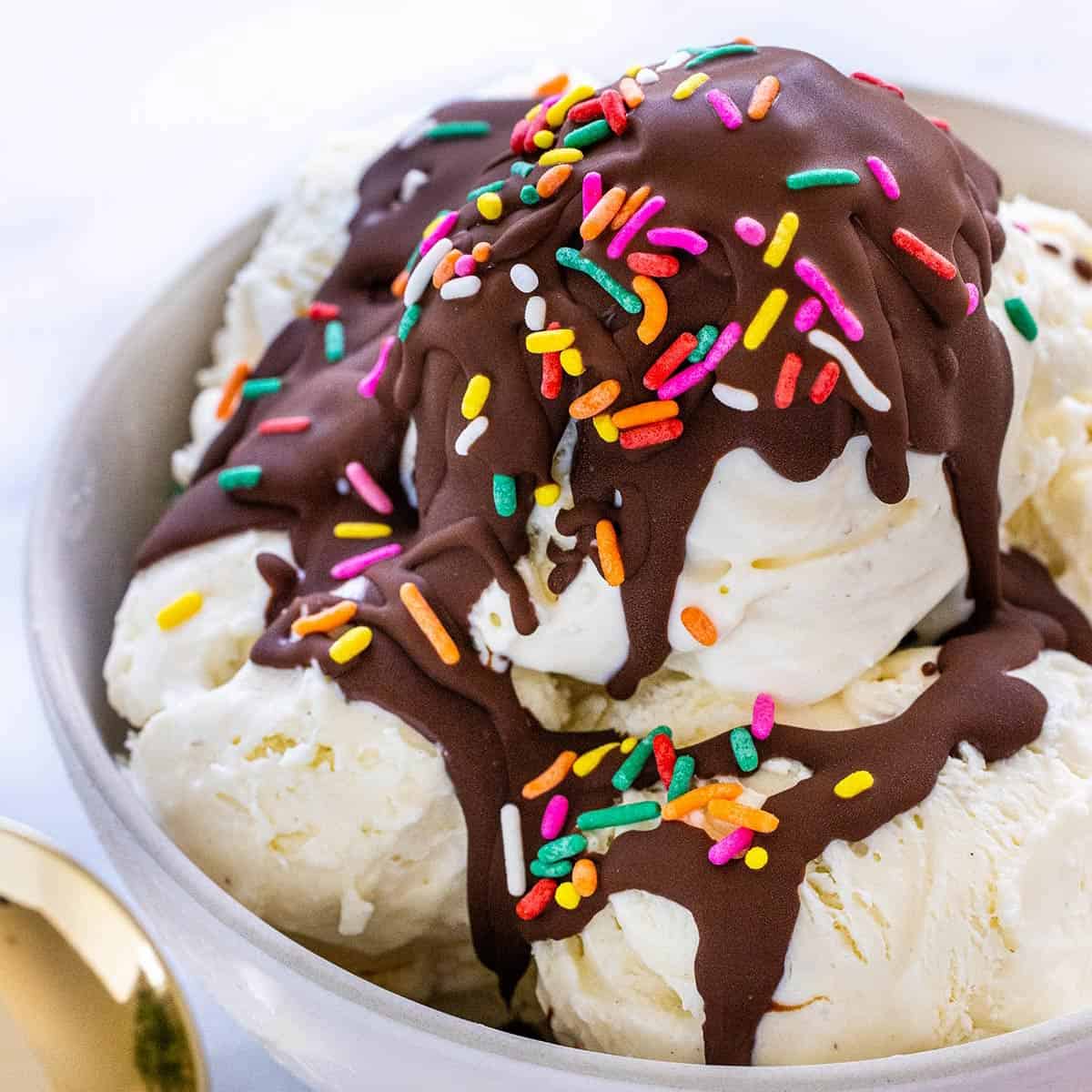 Vanilla Ice Cream With Chocolate Syrup And Sprinkles